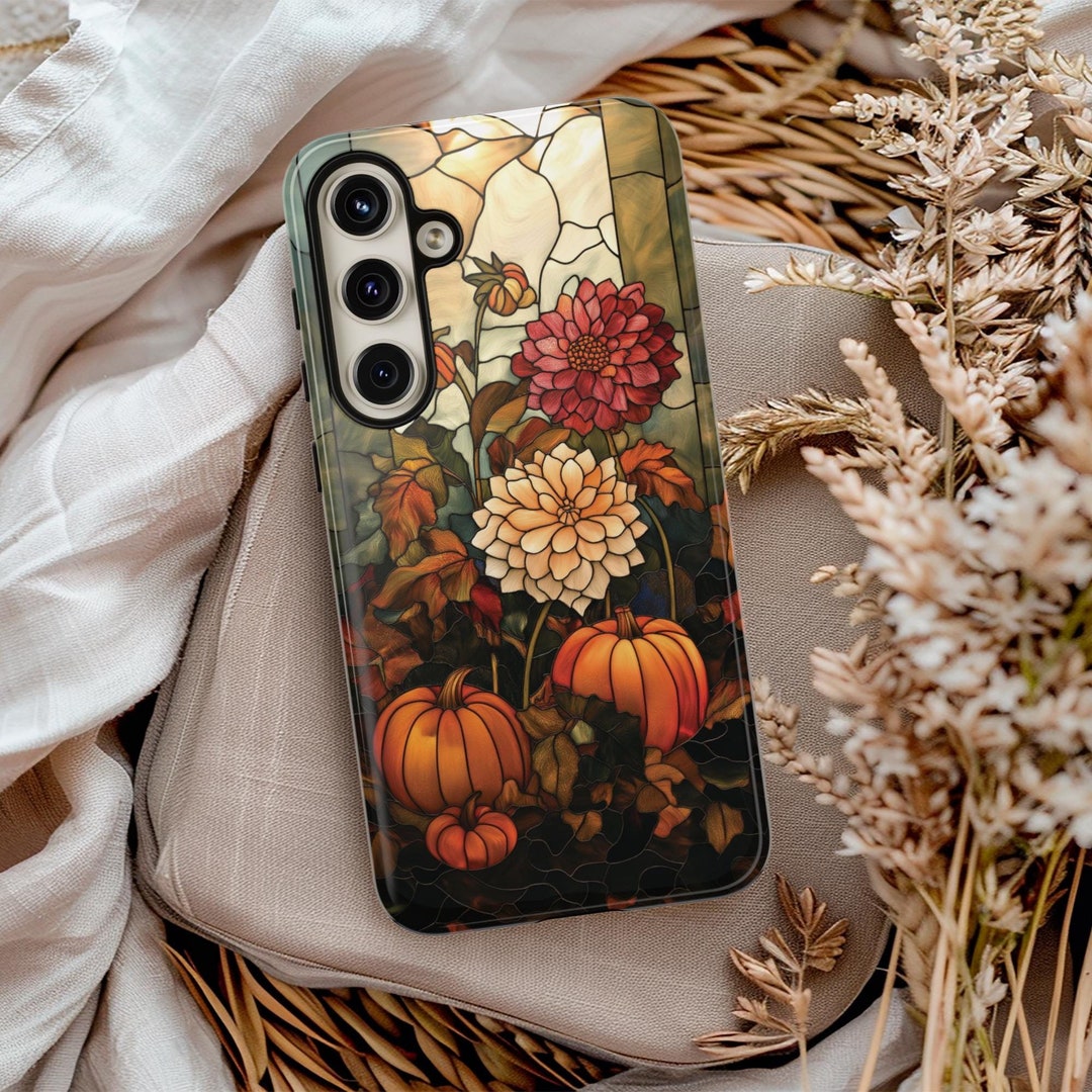 Fall Floral Phone Case Pumpkins Flowers Phone Case Faux Stained Glass ...
