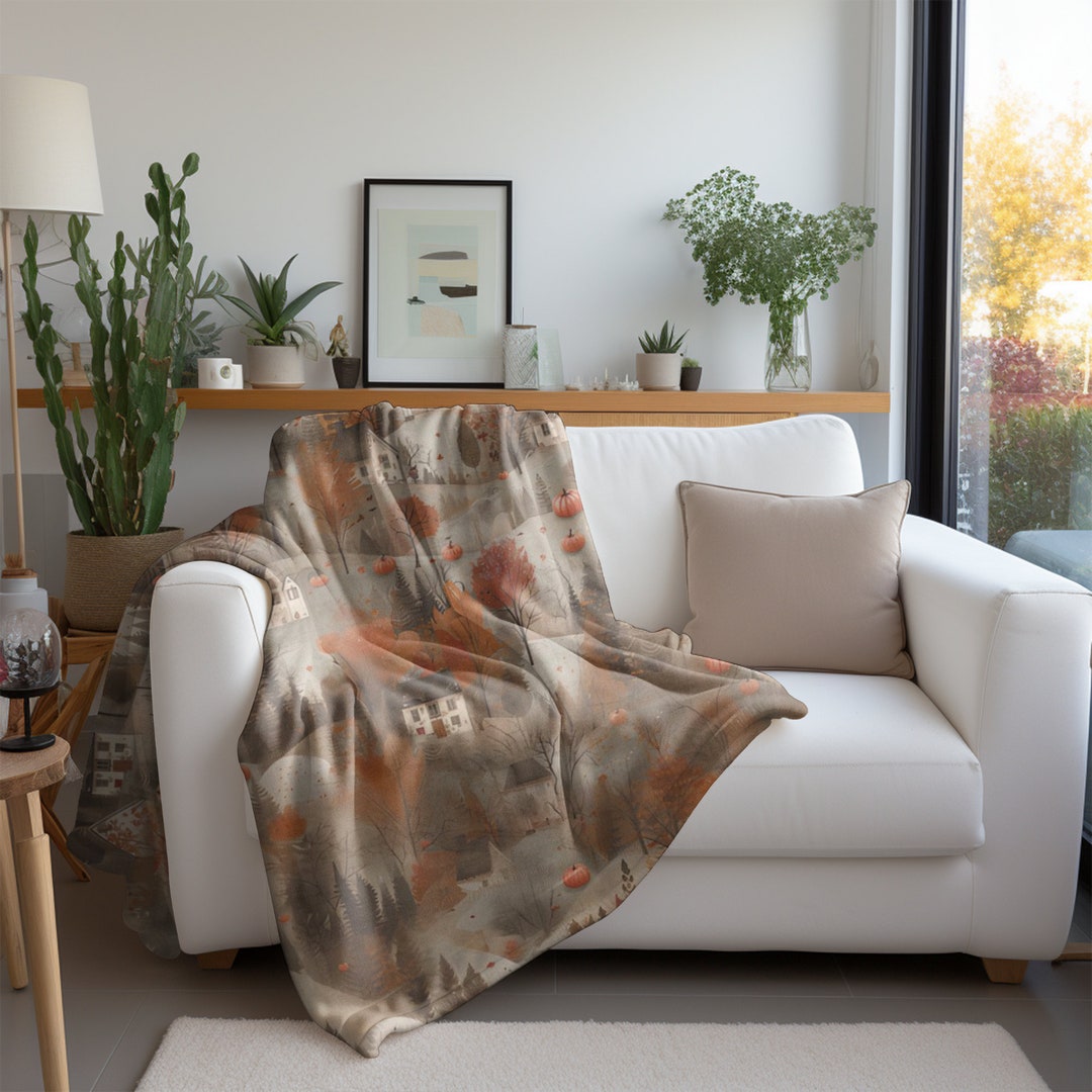 Fall Village Blanket Rustic Farmhouse Decor Pumpkin Autumn Trees and ...
