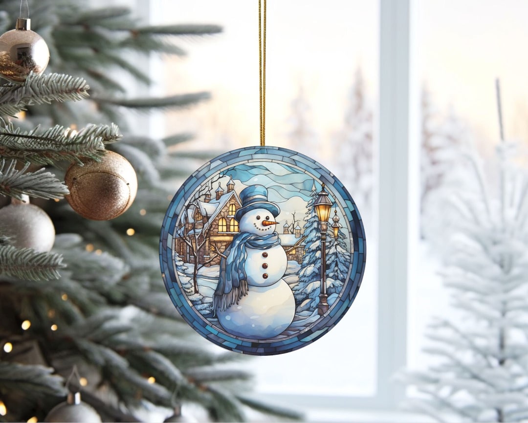 Christmas Ornament Faux Stained Glass Blue Snowman Ornament Glass ...