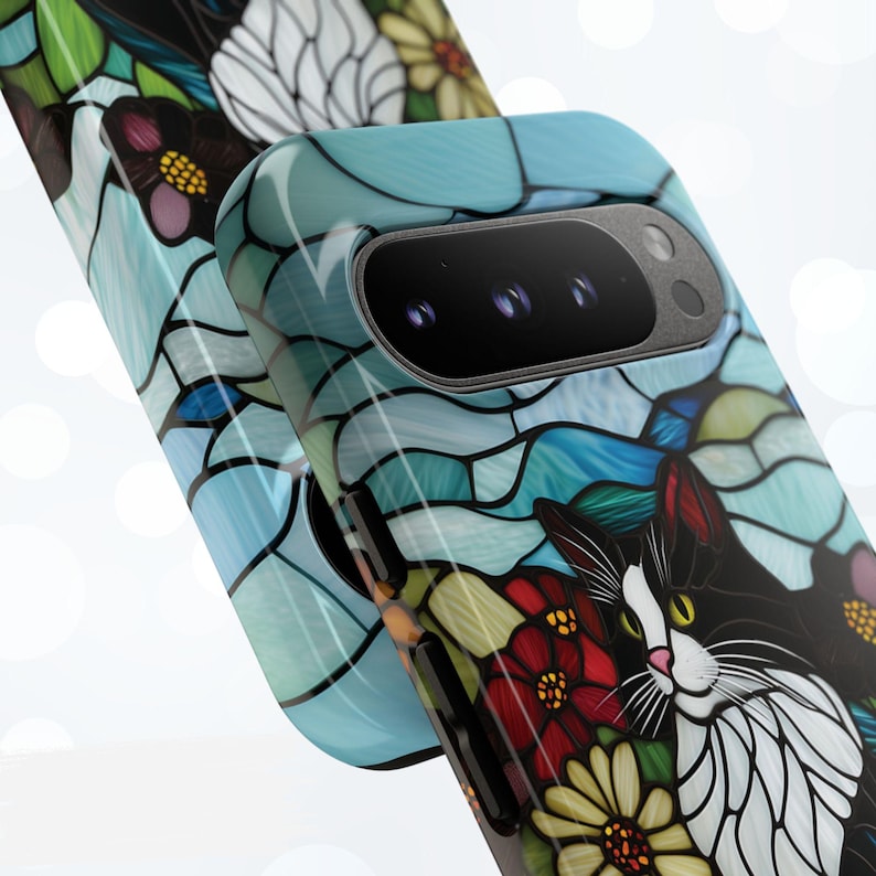 Black & White Cat Wildflower Phone Case, Tuxedo Kitty Faux Stained ...