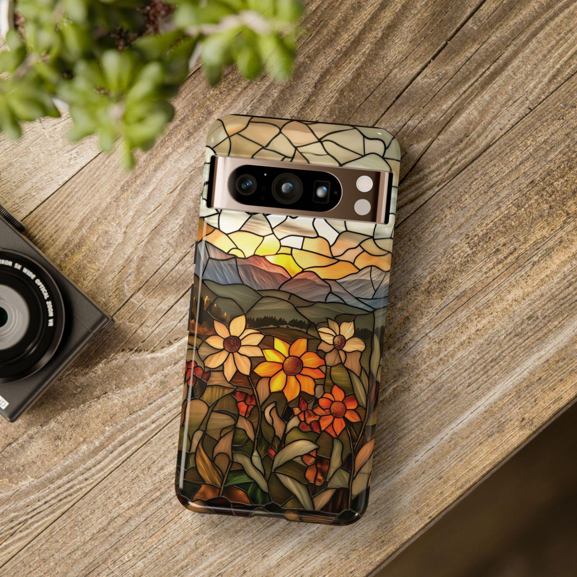 Fall Wildflower Sunset Phone Case Faux Stained Glass Mountain Sunrise ...