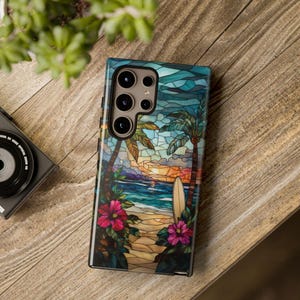 Tropical Beach Faux Stained Glass Phone Case Ocean Surfboard Summer ...