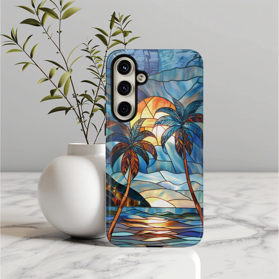 Tropical Palm Trees Phone Case Beach Vacation Cover Faux Stained Glass ...