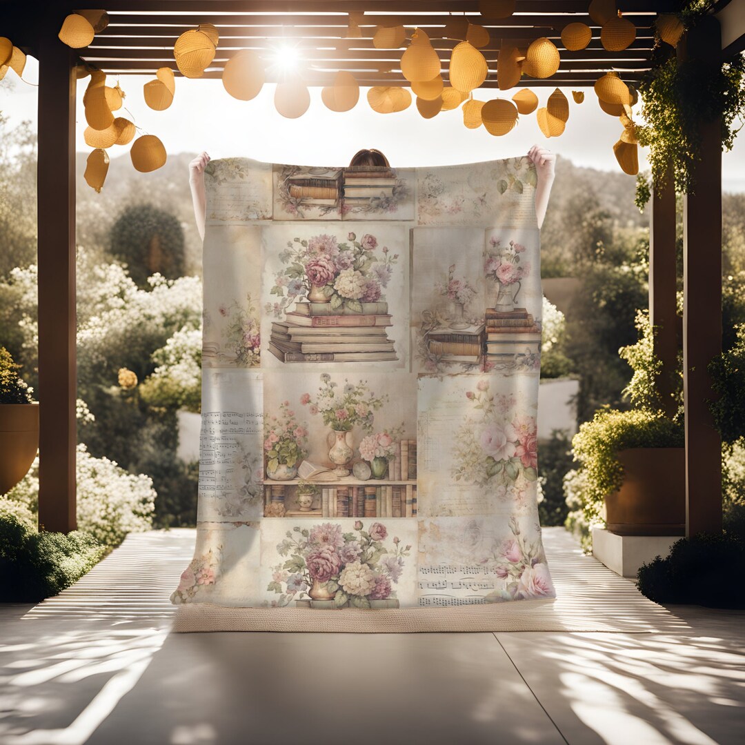 French Country Throw Blanket Antique Books Floral Blanket, French ...