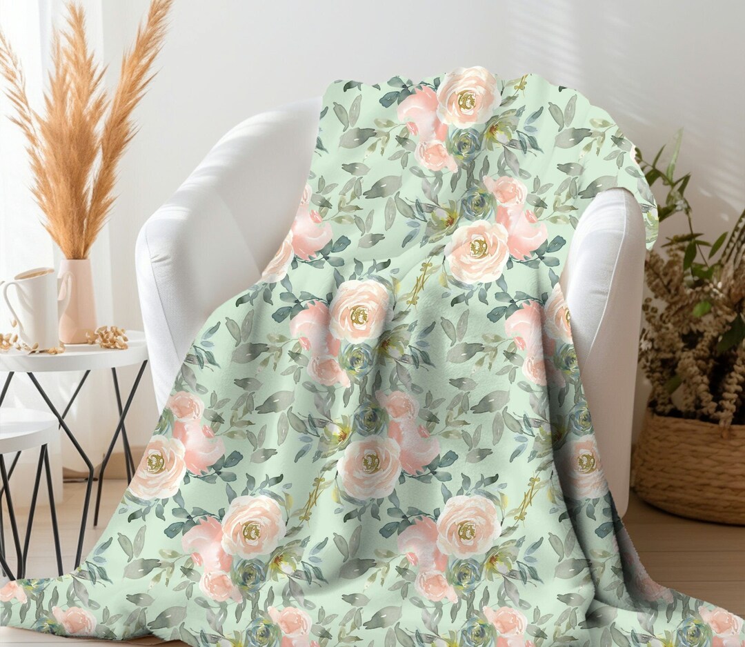 Floral Throw Blanket Peach Floral Home Decor, Green and Peach Floral ...