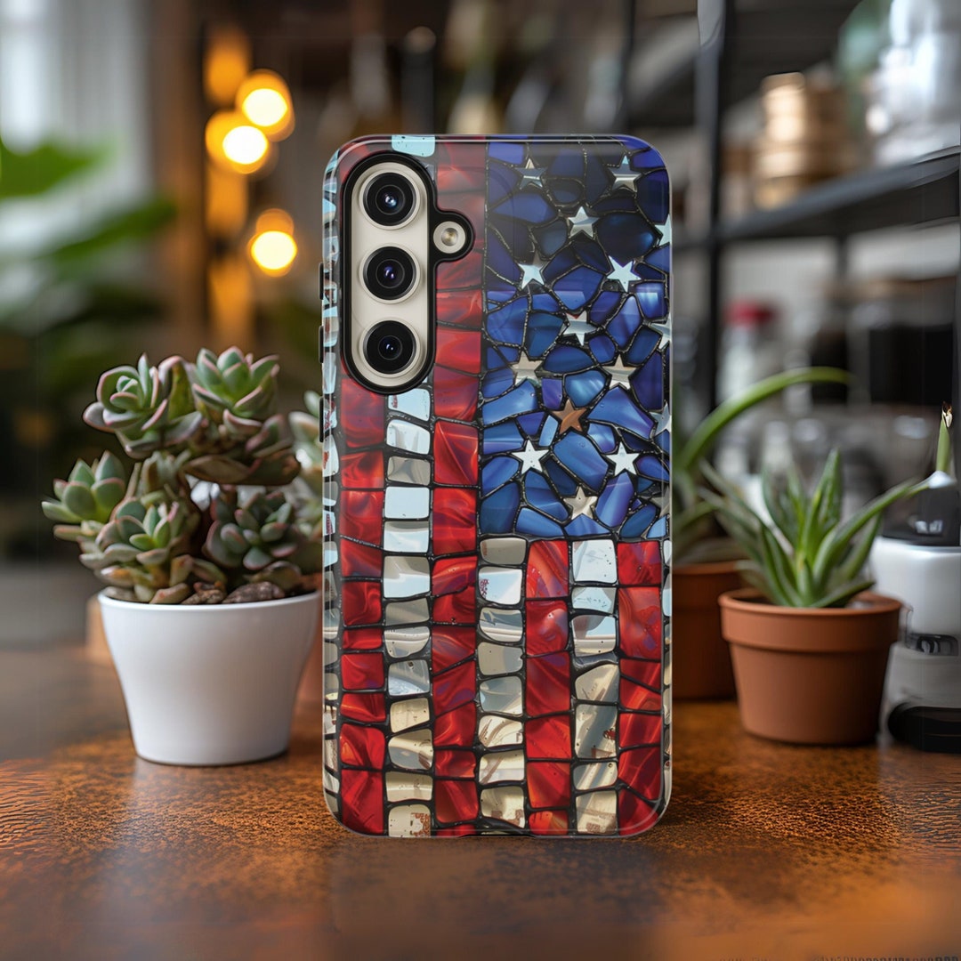 USA American Flag Phone Case Faux Stained Glass, Patriotic Cover, for ...