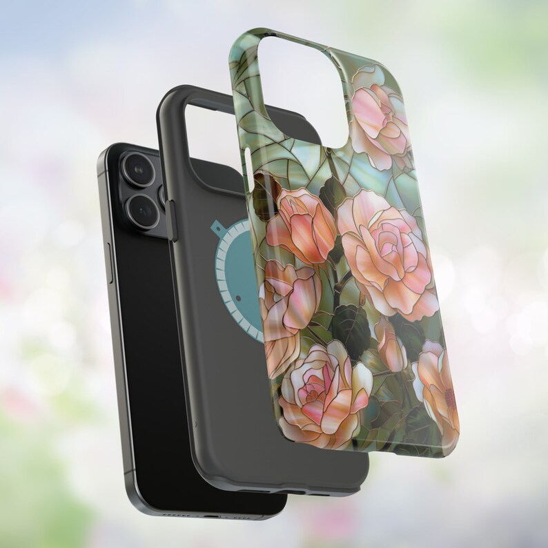 Pink Roses Magesafe Compatible Phone Case Faux Stained Glass Floral ...
