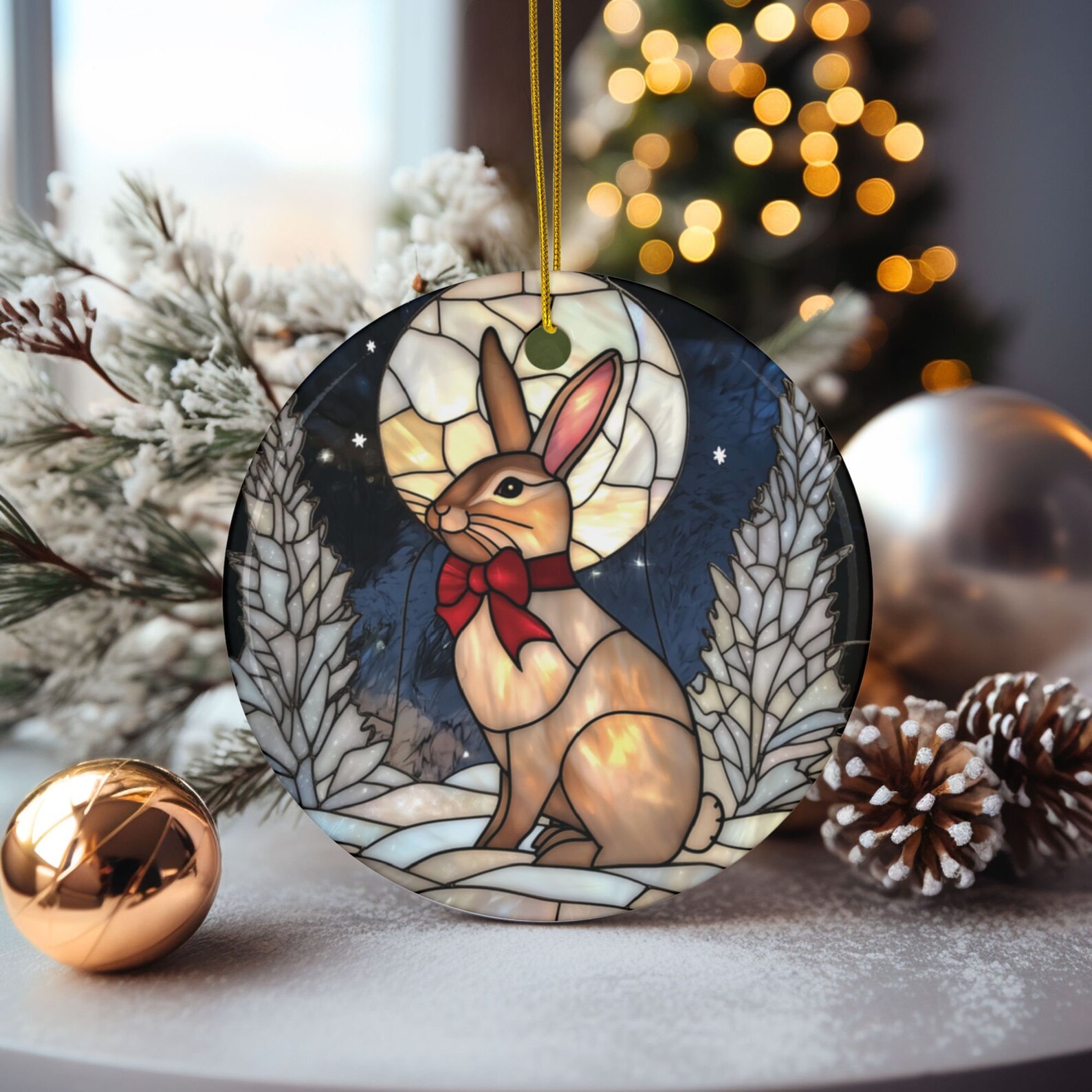 Christmas Bunny Ornament Christmas Tree Decor Faux Stained Glass Rabbit ...