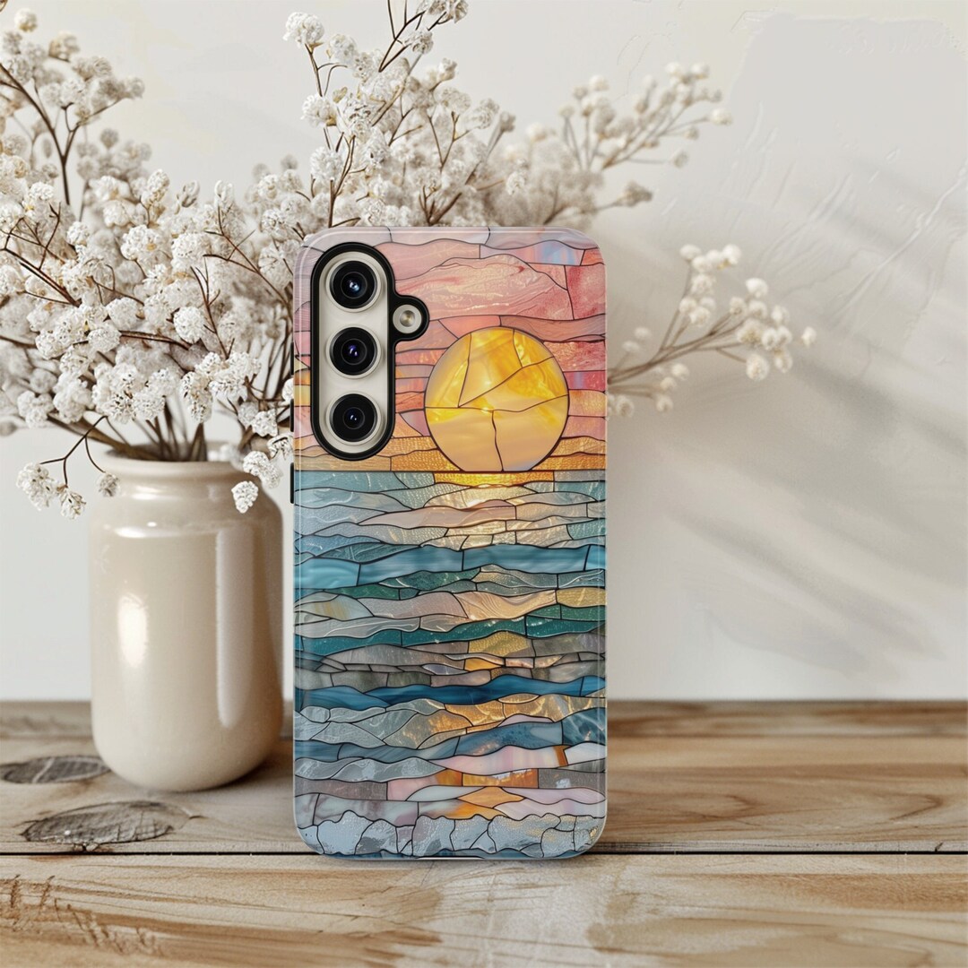 Beach Sunset Phone Case Ocean Sunset Cover Faux Stained Glass Beach ...