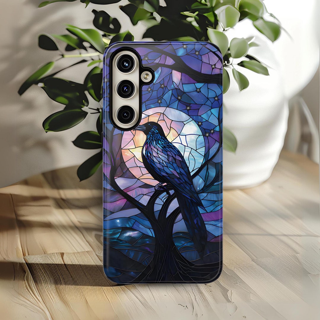 Celestial Raven Phone Case Moon and Stars Black Bird Faux Stained Glass ...
