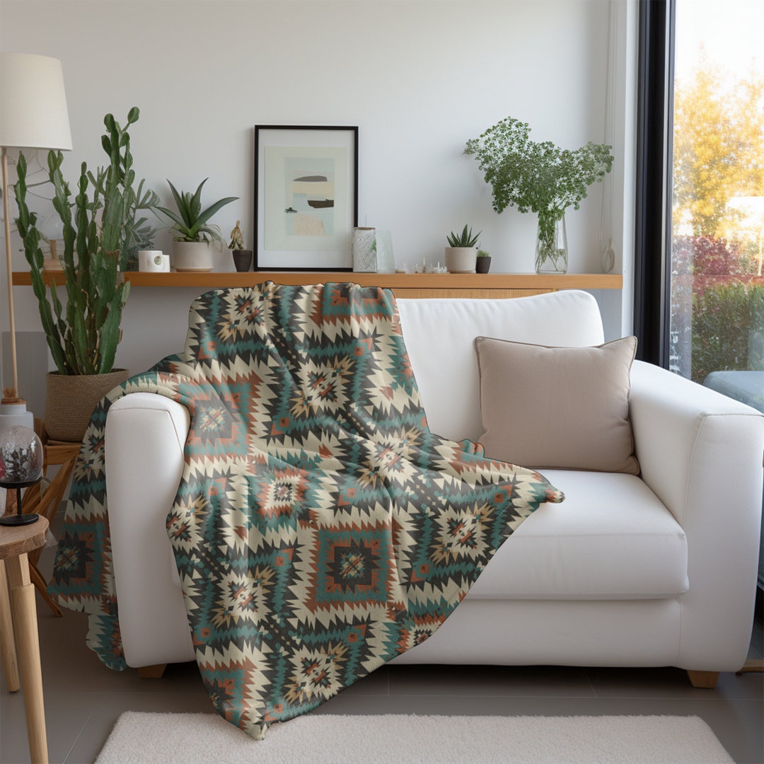 Western Fleece Blanket, Navajo-inspired Throw Blanket, Turquoise Home ...