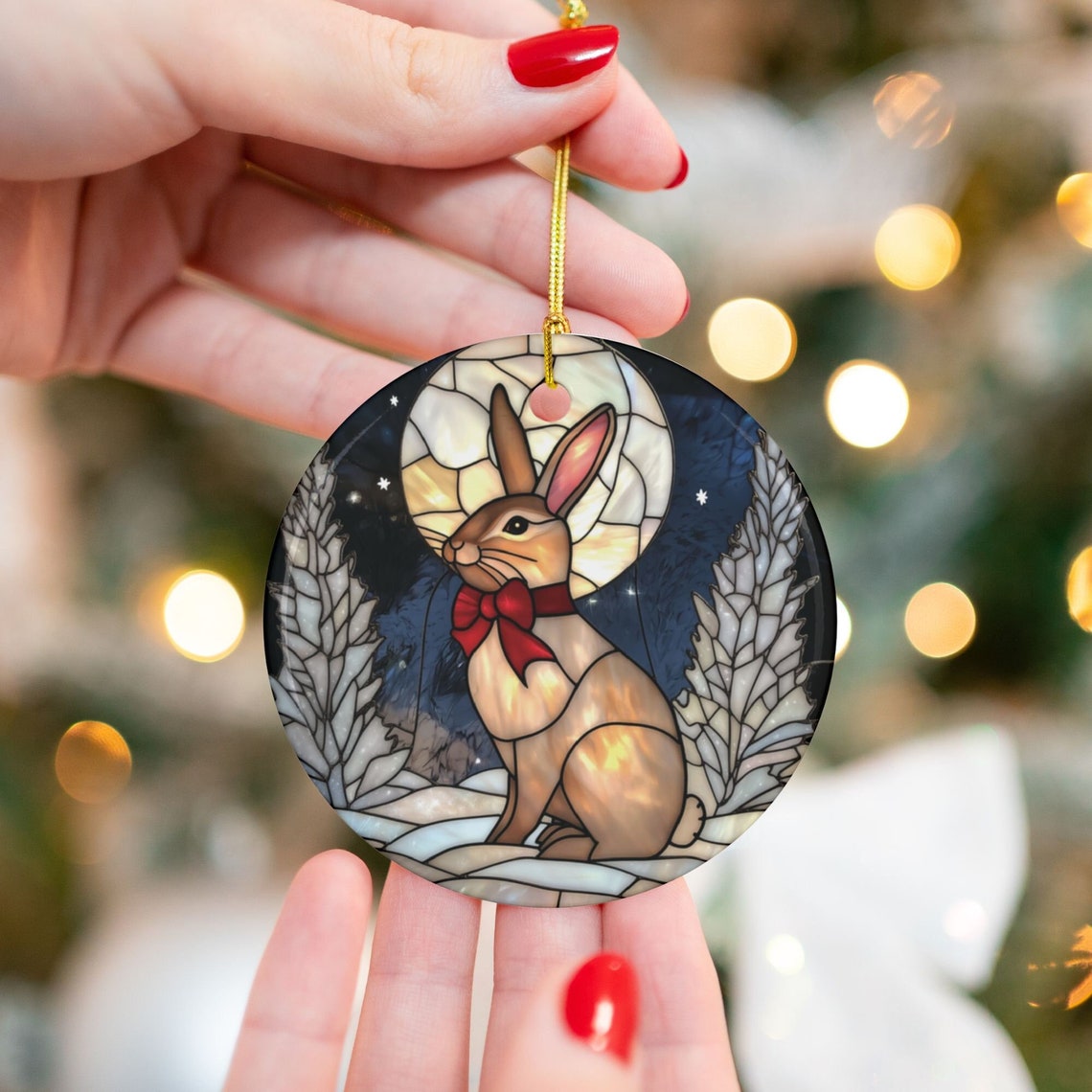 Christmas Bunny Ornament Christmas Tree Decor Faux Stained Glass Rabbit ...