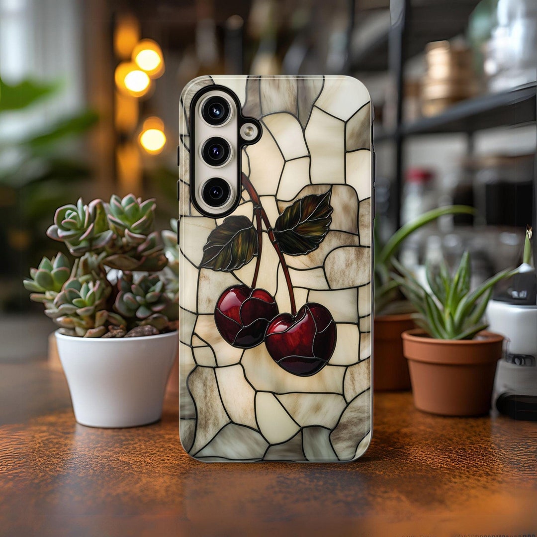 Cherries Faux Stained Glass Phone Case Dark Cherry Red Vibes Cover Dark ...