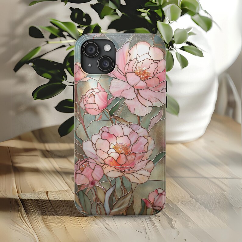 Flower Phone Case Faux Stained Glass, Soft Pink Peony Cover, Spring ...