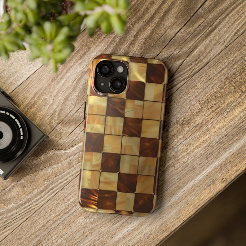 Tan & Brown Checkerboard Phone Case Faux Stained Glass Retro Checkered ...