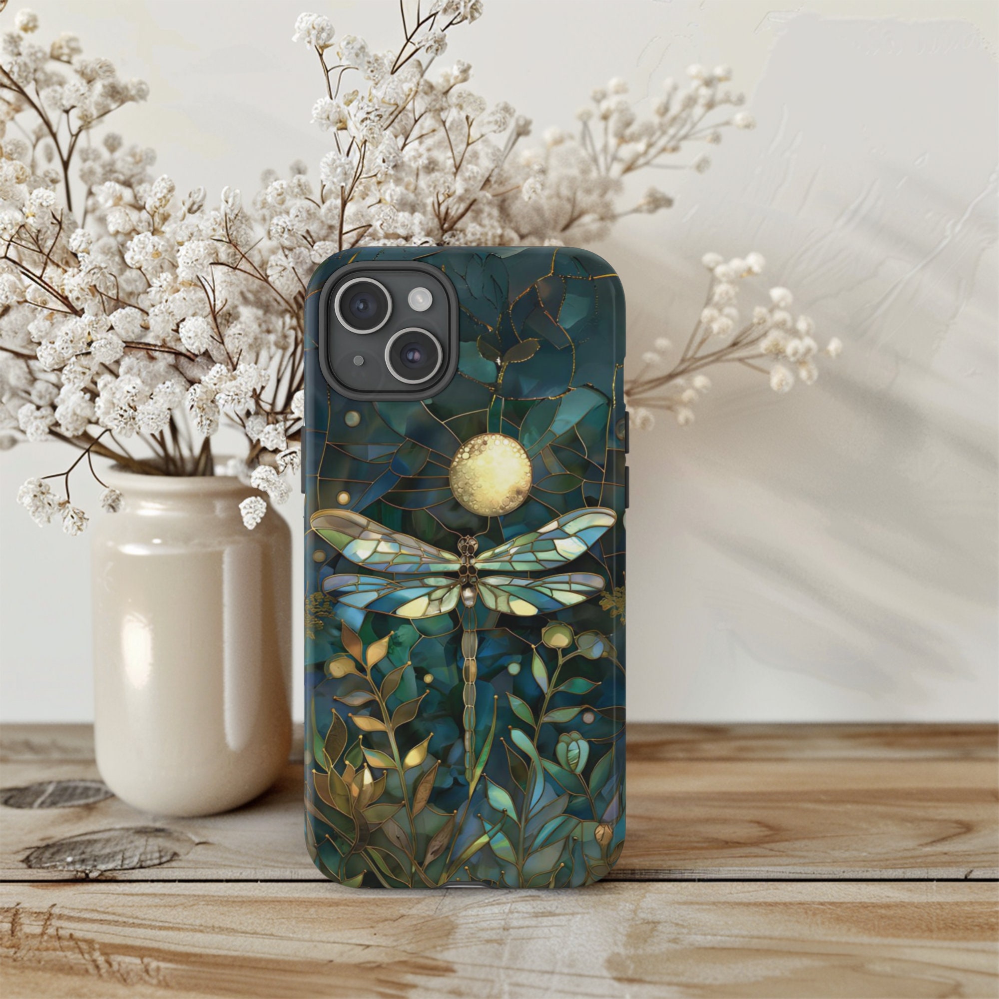 Cottagecore Phone Case Celestial Dragonfly Faux Stained Glass Cover ...