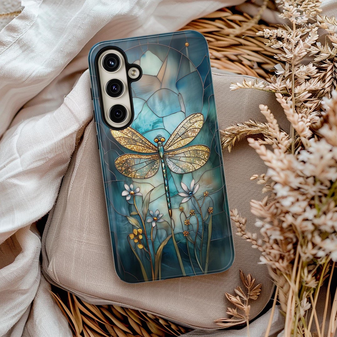 Dragonfly Phone Case Teal Faux Stained Glass Dragonflies Cover ...