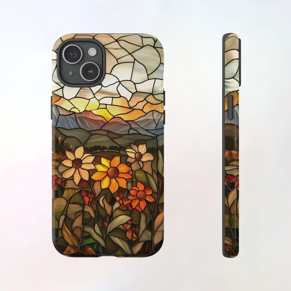 Fall Wildflower Sunset Phone Case Faux Stained Glass Mountain Sunrise ...
