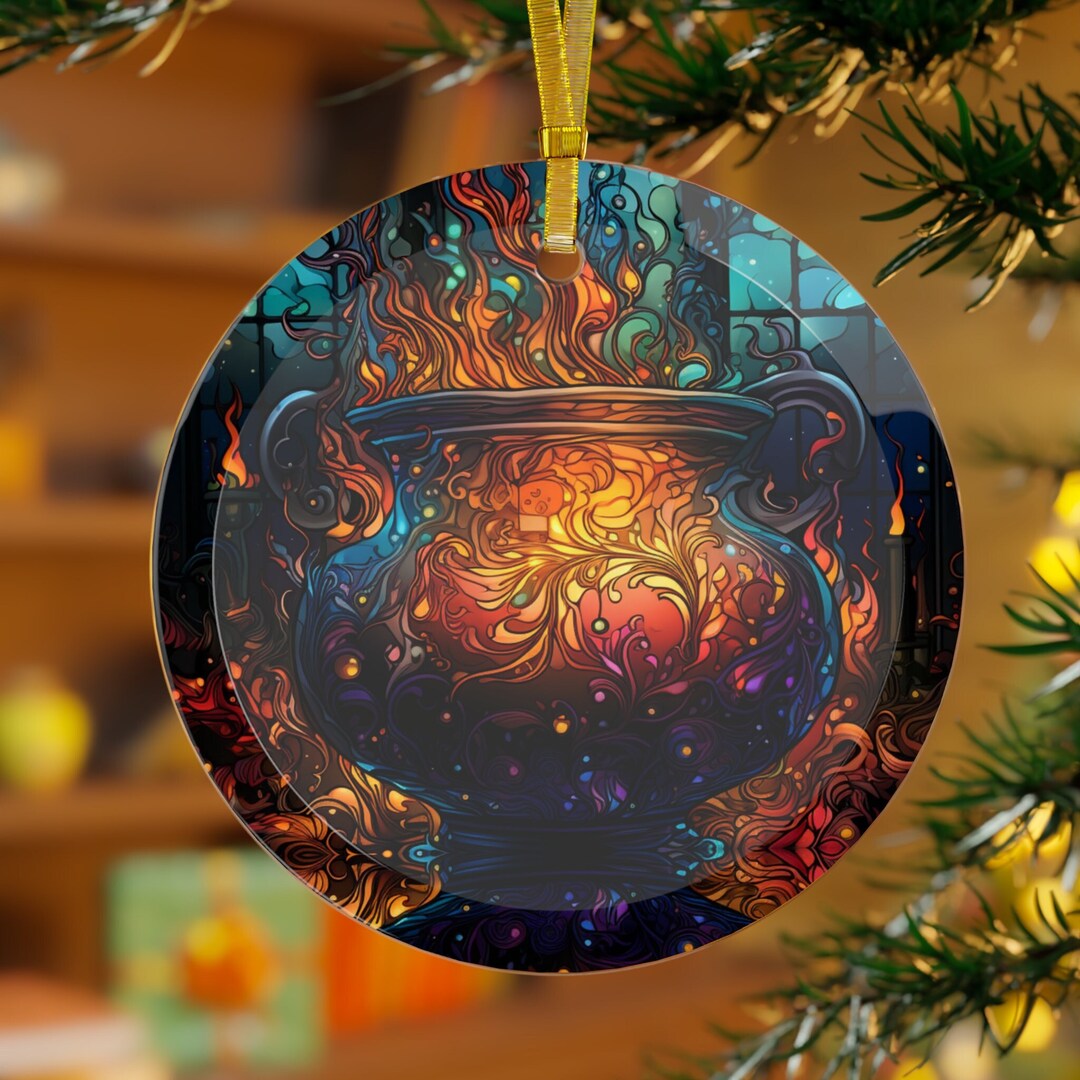 Halloween Ornament Flaming Cauldron Faux Stained Glass Design ...