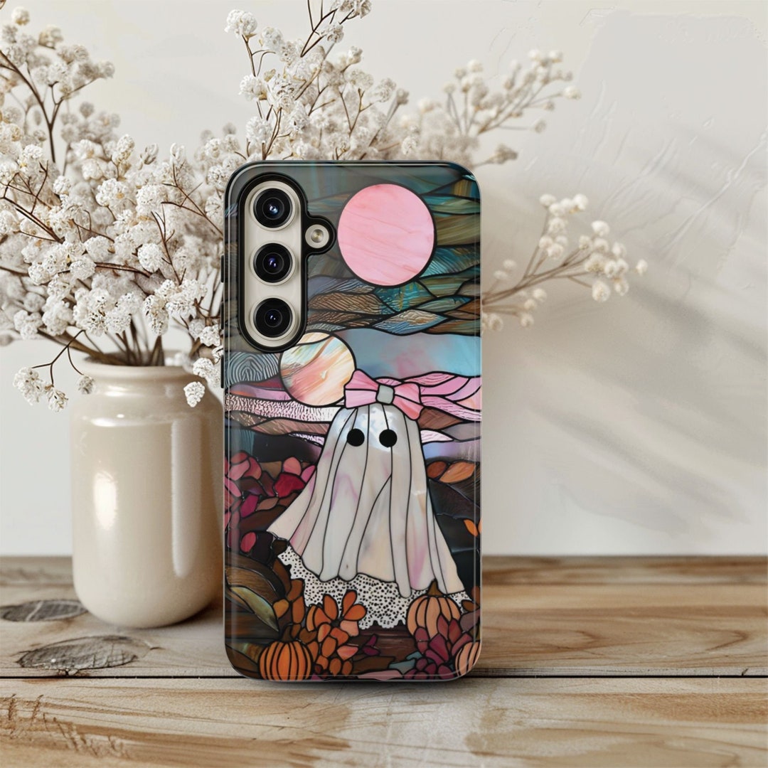Halloween Phone Case Coquette Ghost Pink Bow Faux Stained Glass Spooky ...