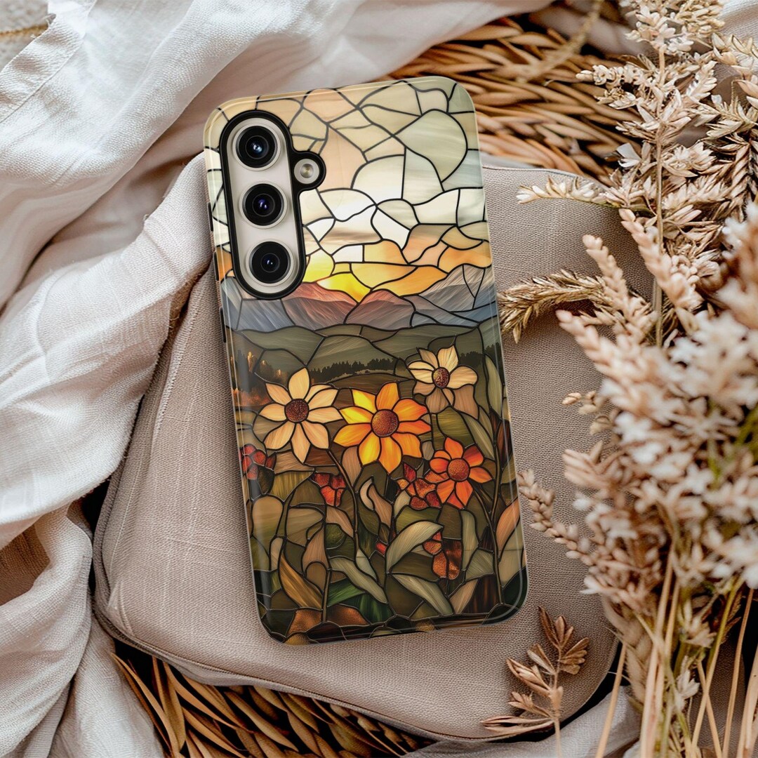 Fall Wildflower Sunset Phone Case Faux Stained Glass Mountain Sunrise ...