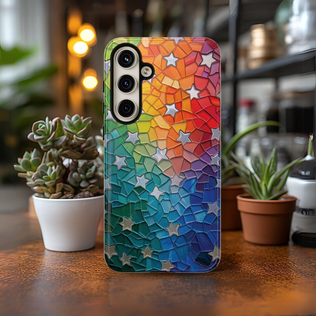 LGBTQ+ Pride Phone Case Celestial Stars Faux Stained Glass Rainbow ...