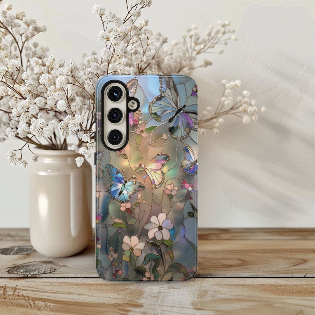 Butterflies Phone Case Butterfly Garden Phone Case Faux Stained Glass ...