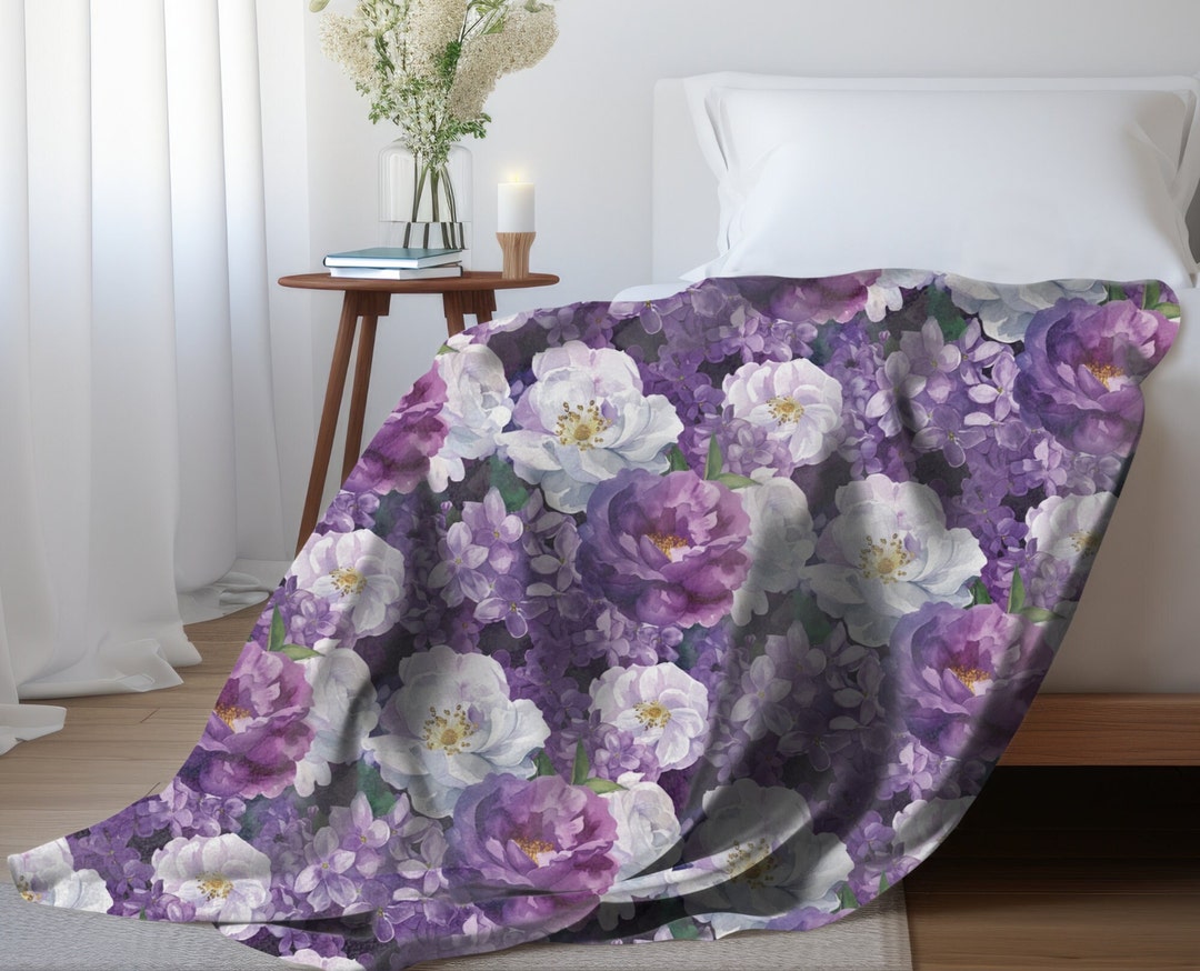Purple Floral Throw Blanket, Lilac and Roses Fleece Blanket, Floral ...