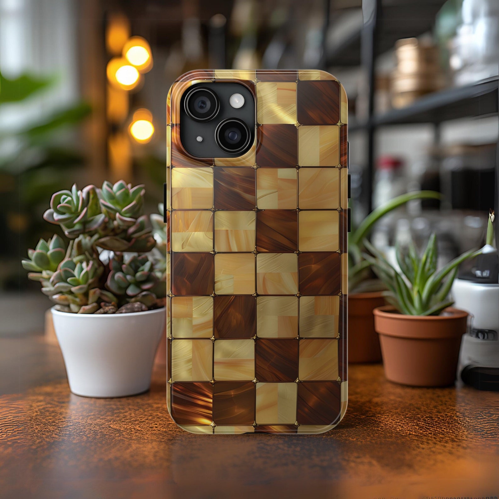 Tan & Brown Checkerboard Phone Case Faux Stained Glass Retro Checkered ...