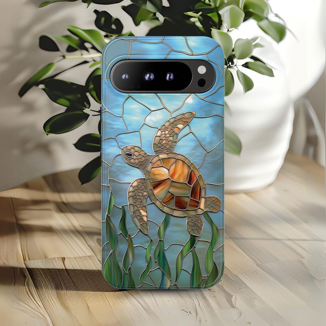 Sea Turtle Faux Stained Glass Phone Case Coastal Seaweed Cover Turtle ...