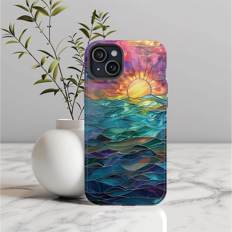Ocean Sunset Phone Case Magsafe Compatible Tropical Faux Stained Glass ...