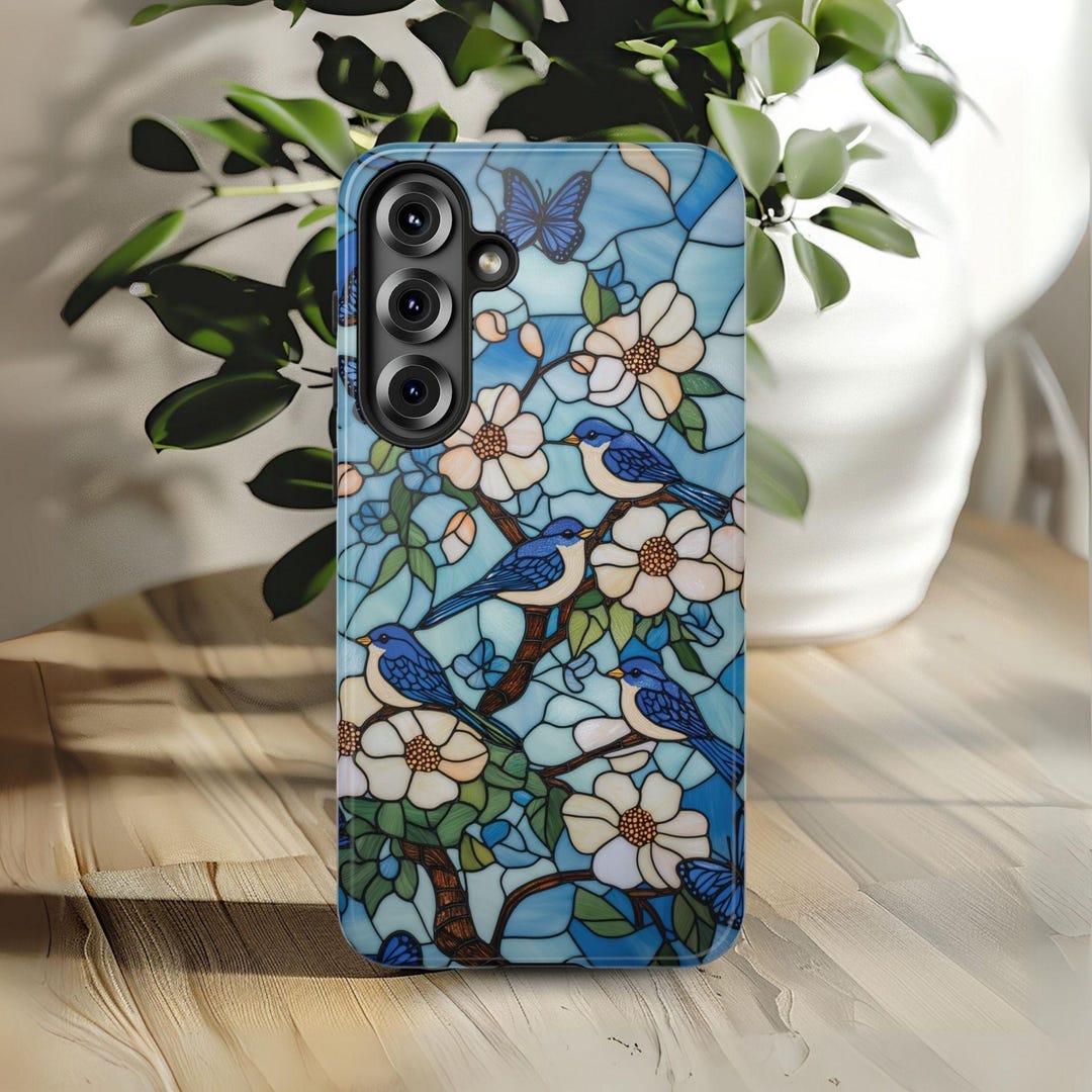 Blue Birds Faux Stained Glass Phone Case Chinoiserie Phone Cover Bird ...