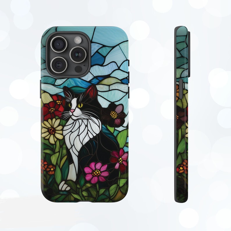 Black & White Cat Wildflower Phone Case, Tuxedo Kitty Faux Stained ...