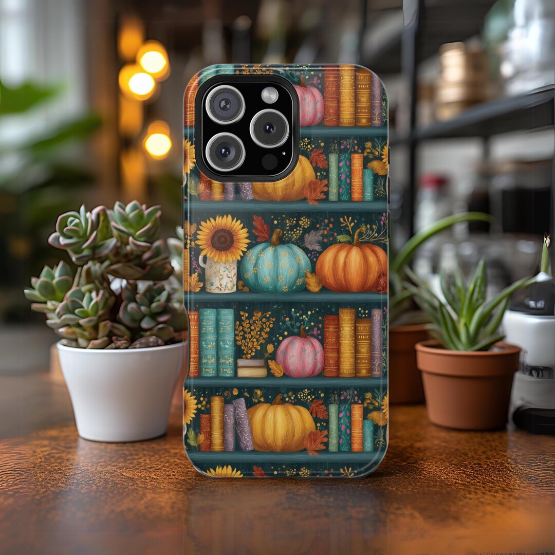 Fall Bookshelf Magsafe Compatible Phone Case Bookish Pumpkin Bookcase ...