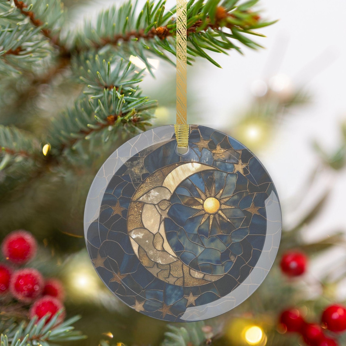 Celestial Christmas Ornament Moon and Stars Faux Stained Glass Starry ...