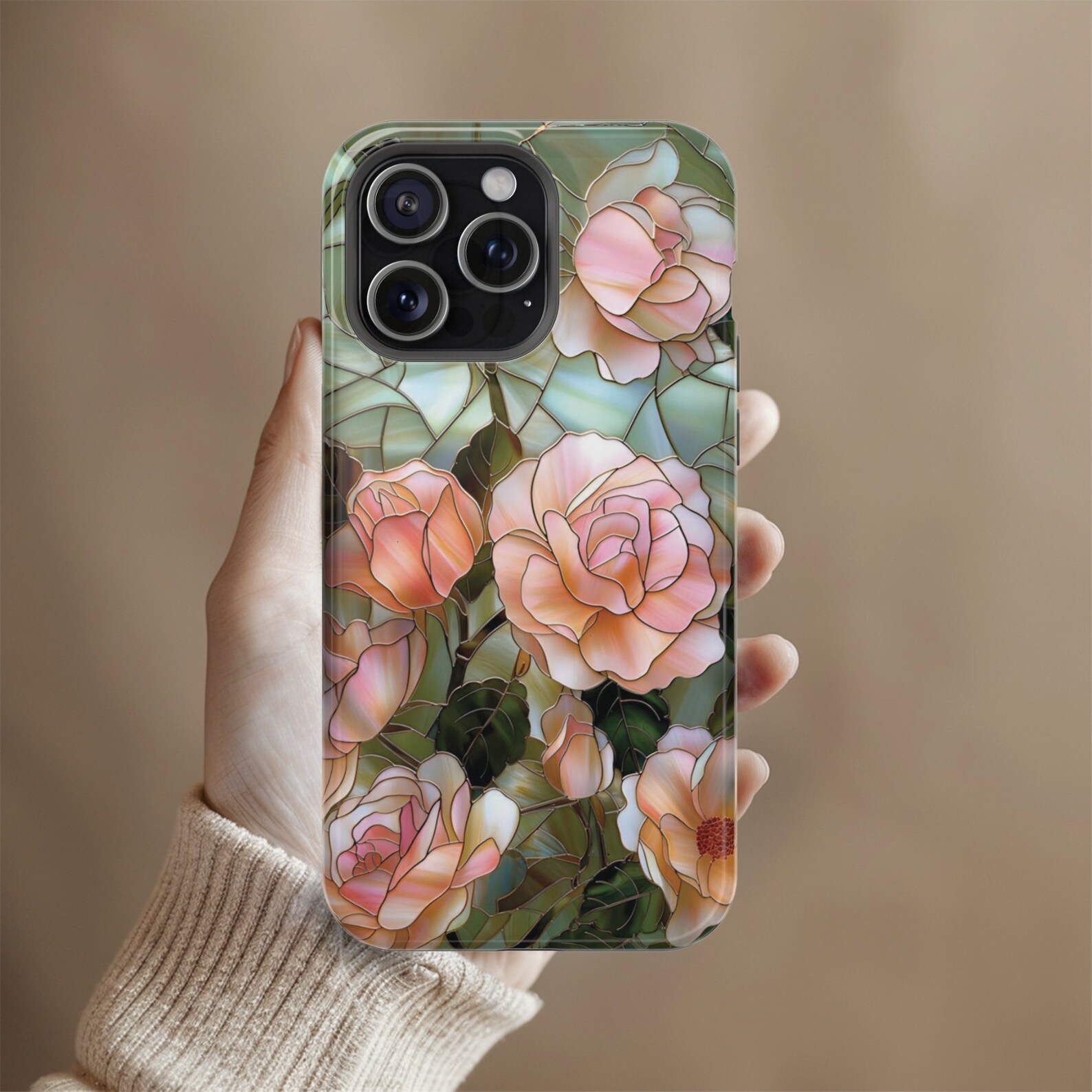 Pink Roses Magesafe Compatible Phone Case Faux Stained Glass Floral ...