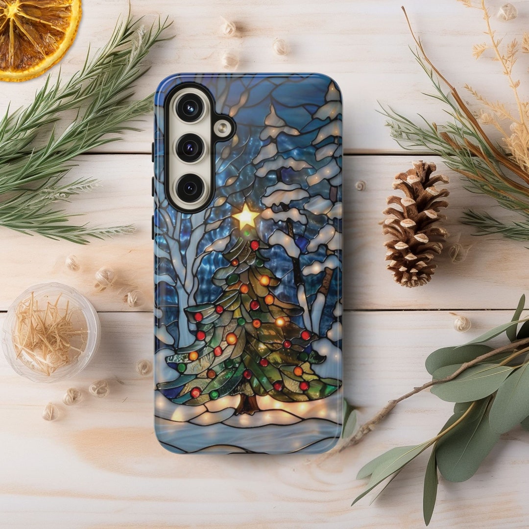 Christmas Tree Phone Case Faux Stained Glass Winter Forest Cover ...