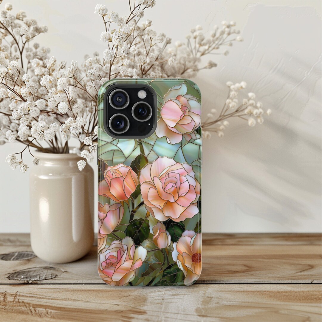 Pink Roses Magesafe Compatible Phone Case Faux Stained Glass Floral ...