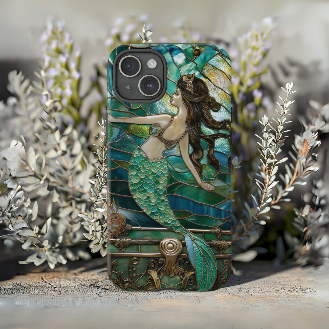 Mermaid Faux Stained Glass Phone Case, Siren Under the Ocean Sea Lovers ...