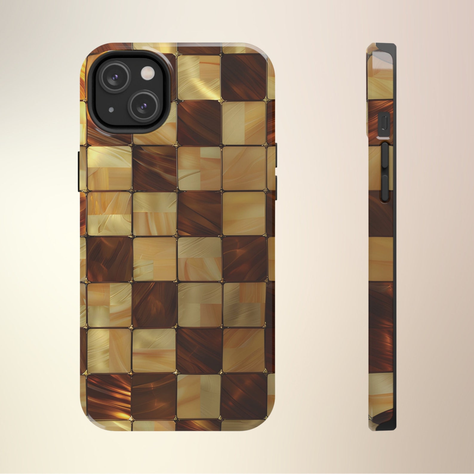 Tan & Brown Checkerboard Phone Case Faux Stained Glass Retro Checkered ...