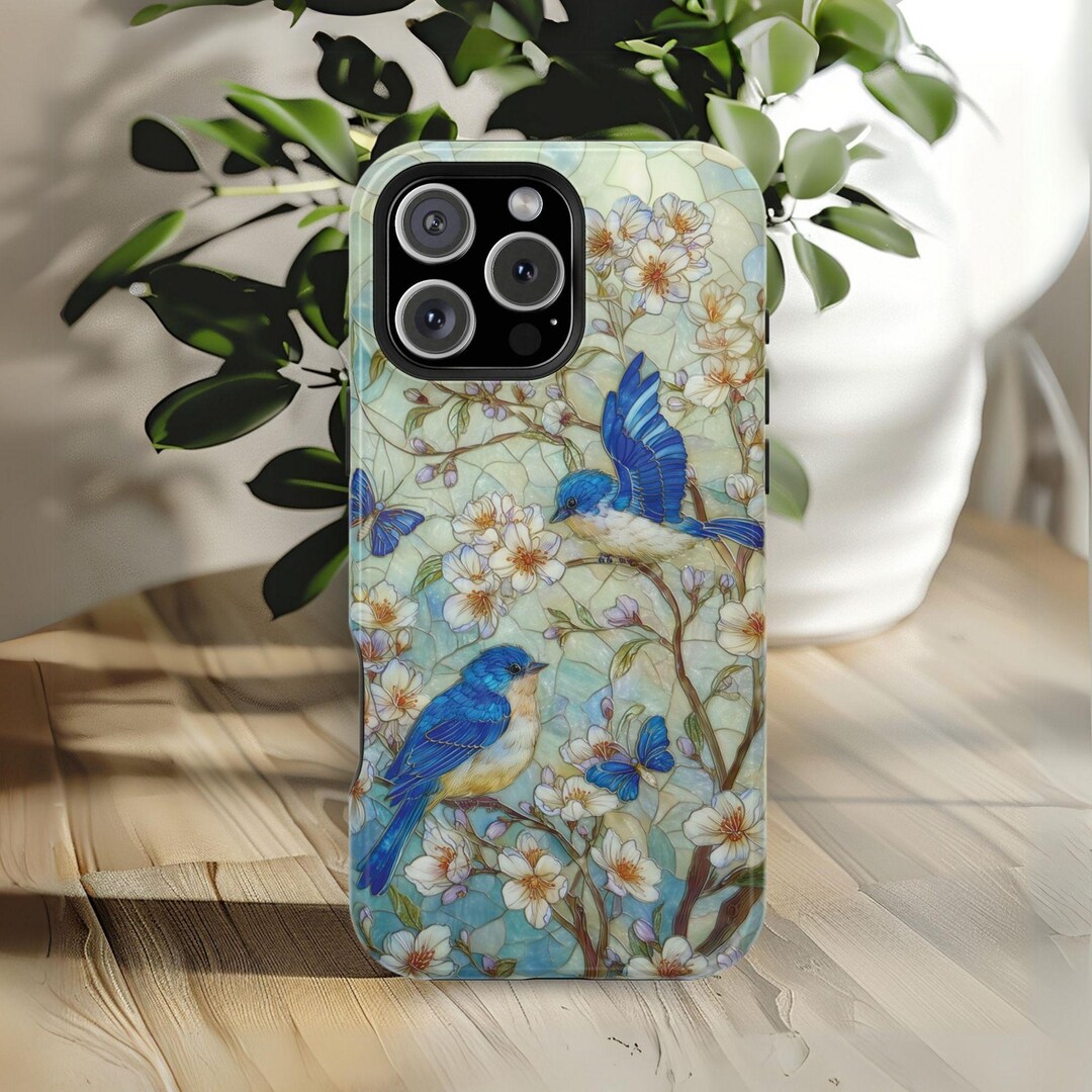 Floral Bluebird Magsafe Compatible Phone Case Bird Faux Stained Glass ...