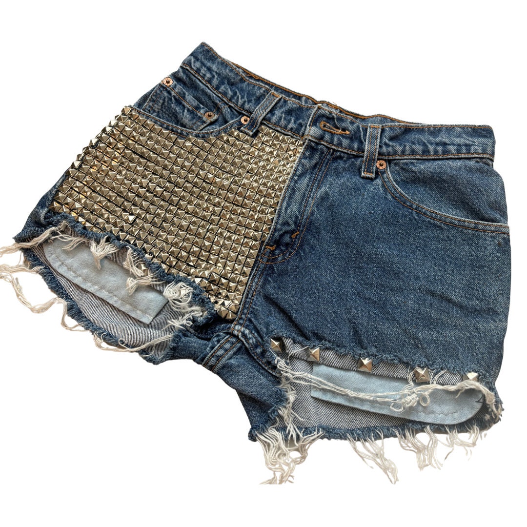 Studded Jeans Distress Style Denim Jeans Fold Hem Shorts Rework Waist ...