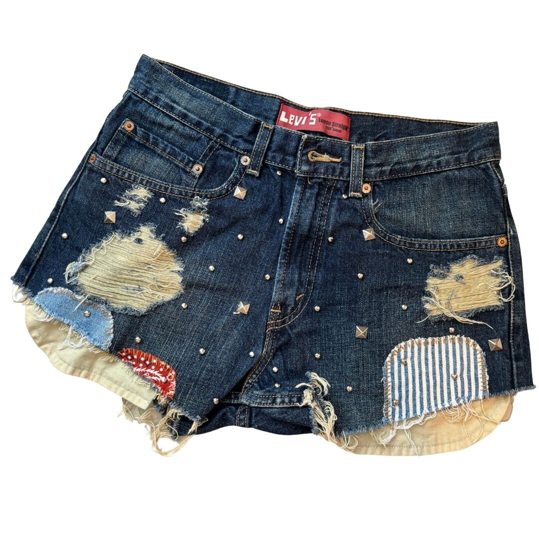 Small Studded Shorts Levis Patchwork Distressed Dark Denim Jeans Shorts ...
