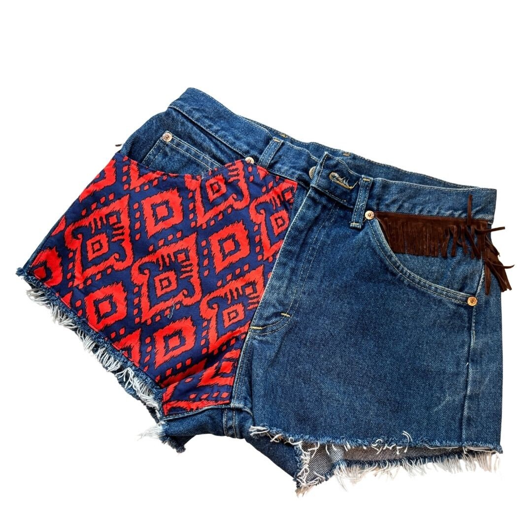 Red Tribal Cute With Cowboy Looks Right Pocket Patchwork Distressed ...