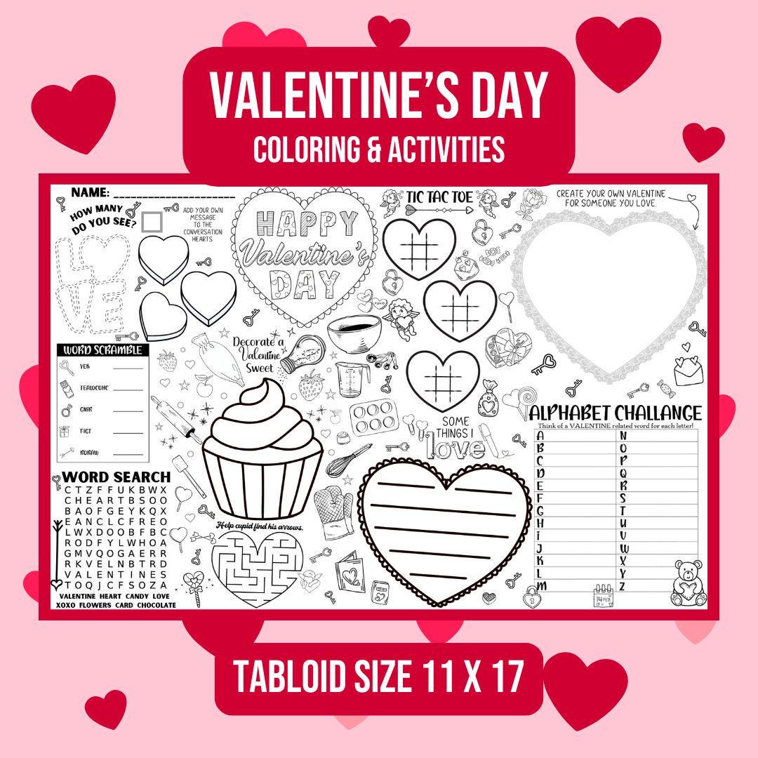 Valentine's Day Printable Coloring Placemat - Fun-filled Entertainment ...