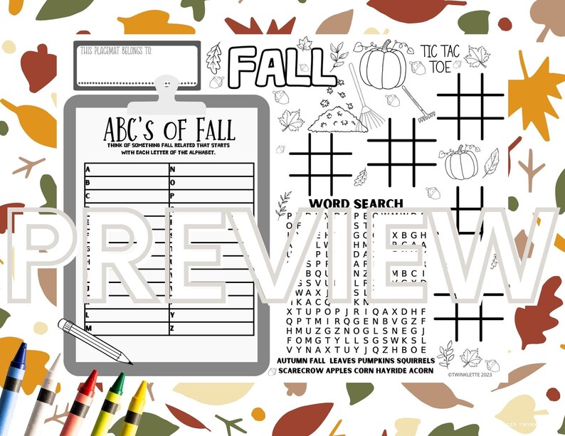 Fall Activity Coloring Placemat, Abc's of Fall, Autumn Learning - Etsy