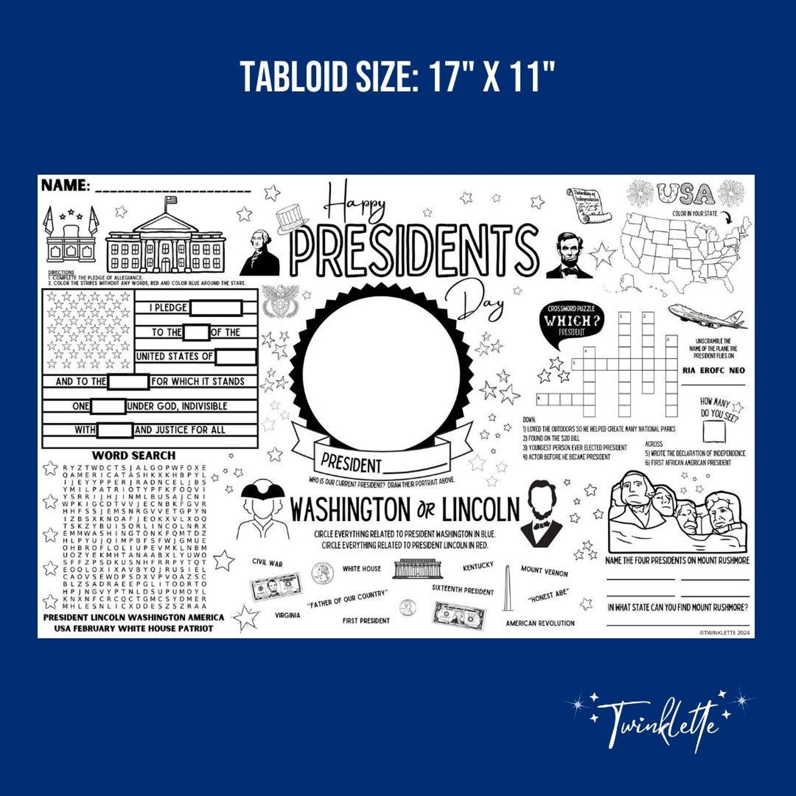 Presidents Day Placemat: Learning Games & Activities (digital Download ...