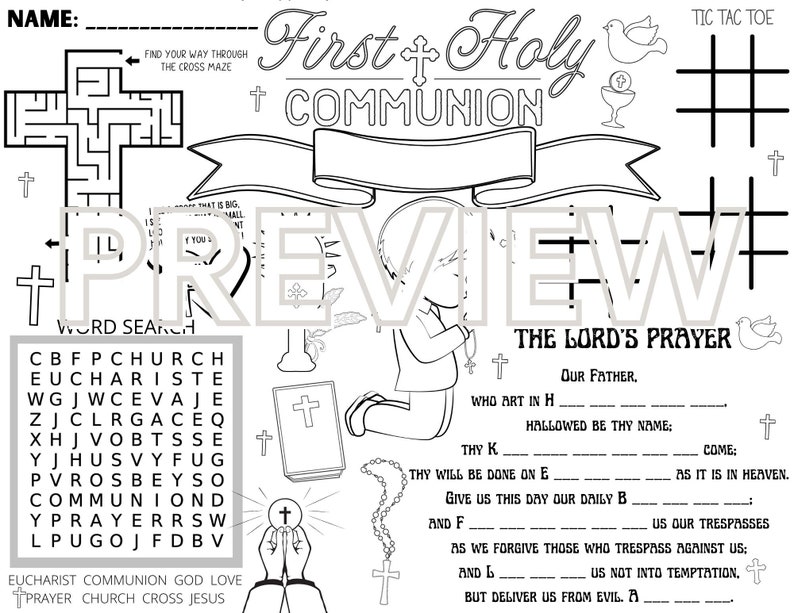First Holy Communion Coloring Placemat Catholic Church Religious ...