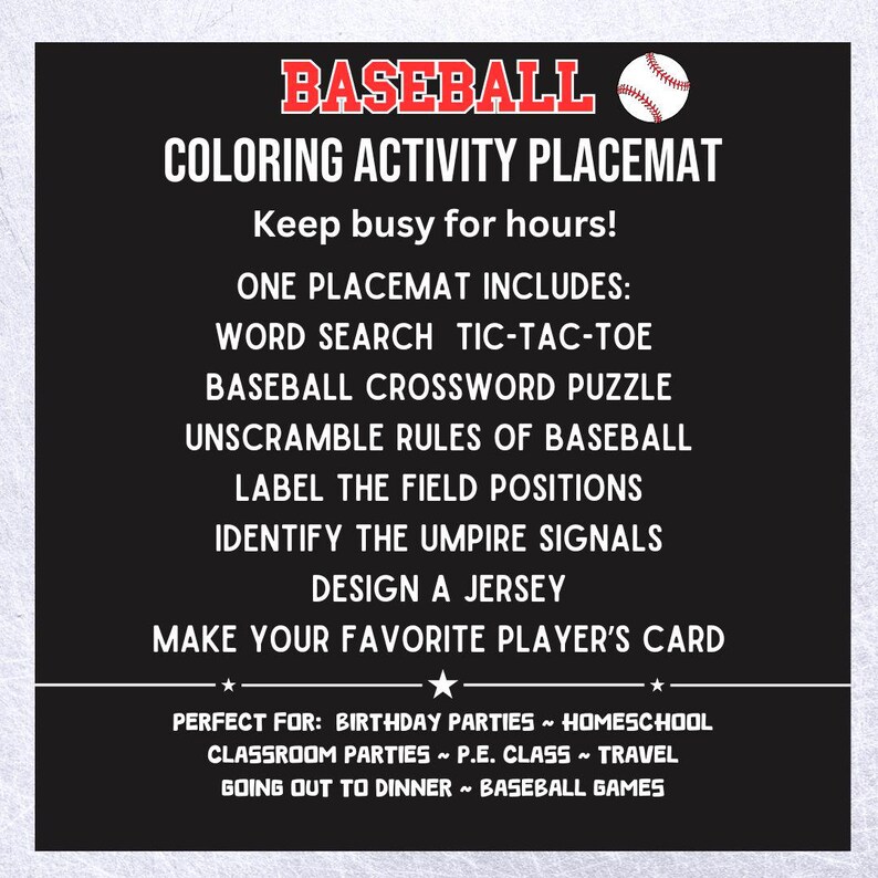 Baseball Activity Placemat: Coloring Page, Trivia, Games (digital ...