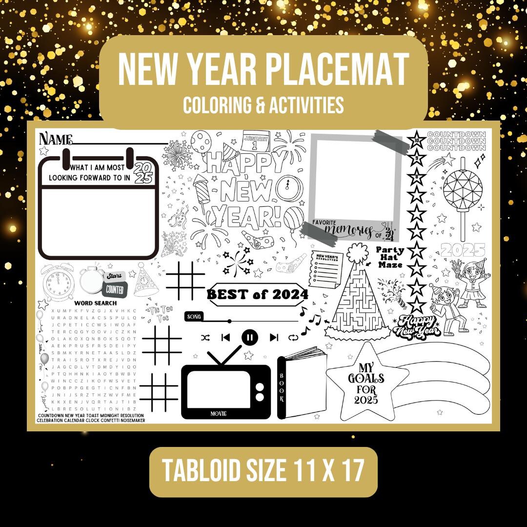 New Year Placemat, Coloring Activity Sheet, New Years Resolution and ...